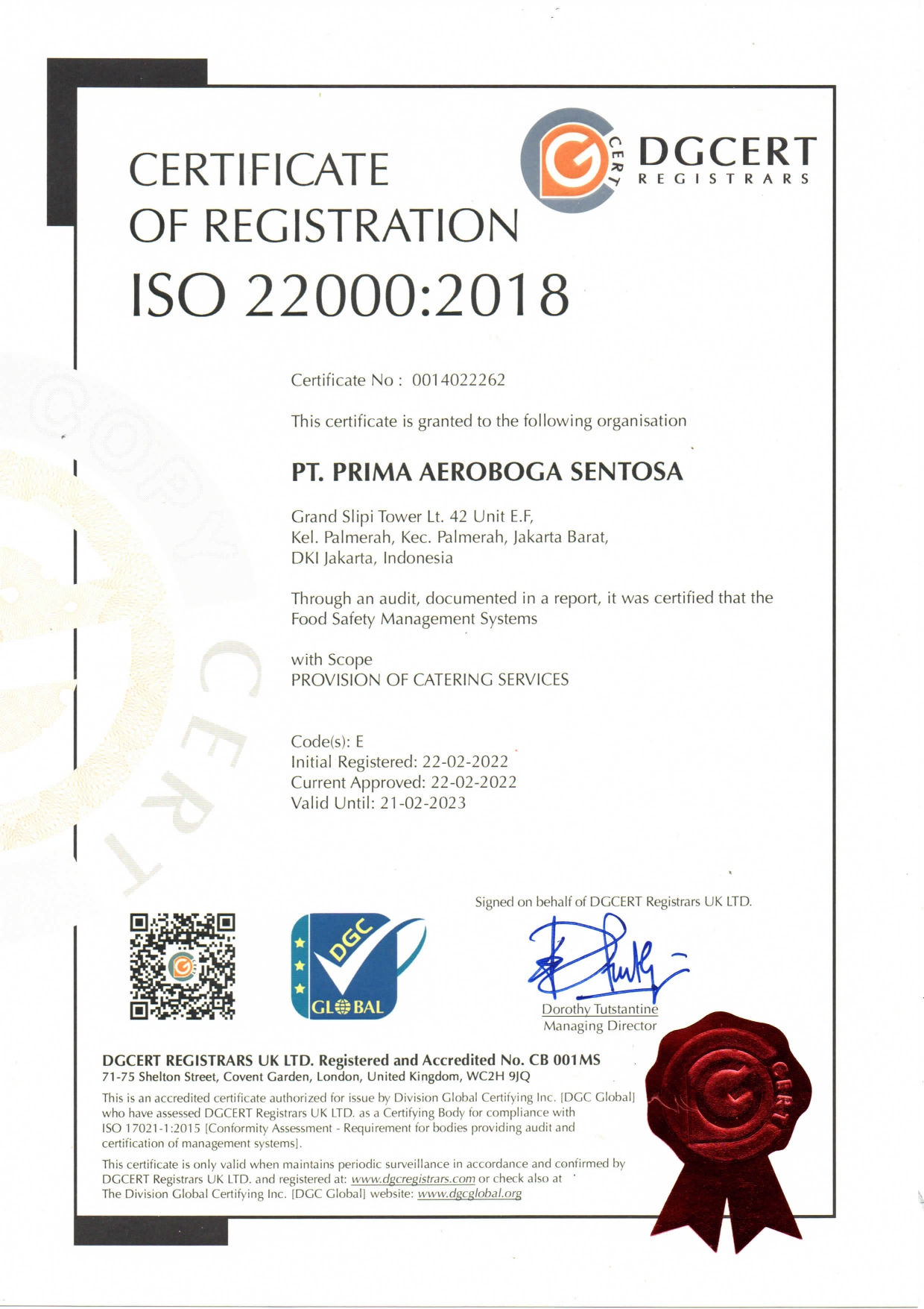 certificate - Company that focuses on catering with ISO22000 standards ...